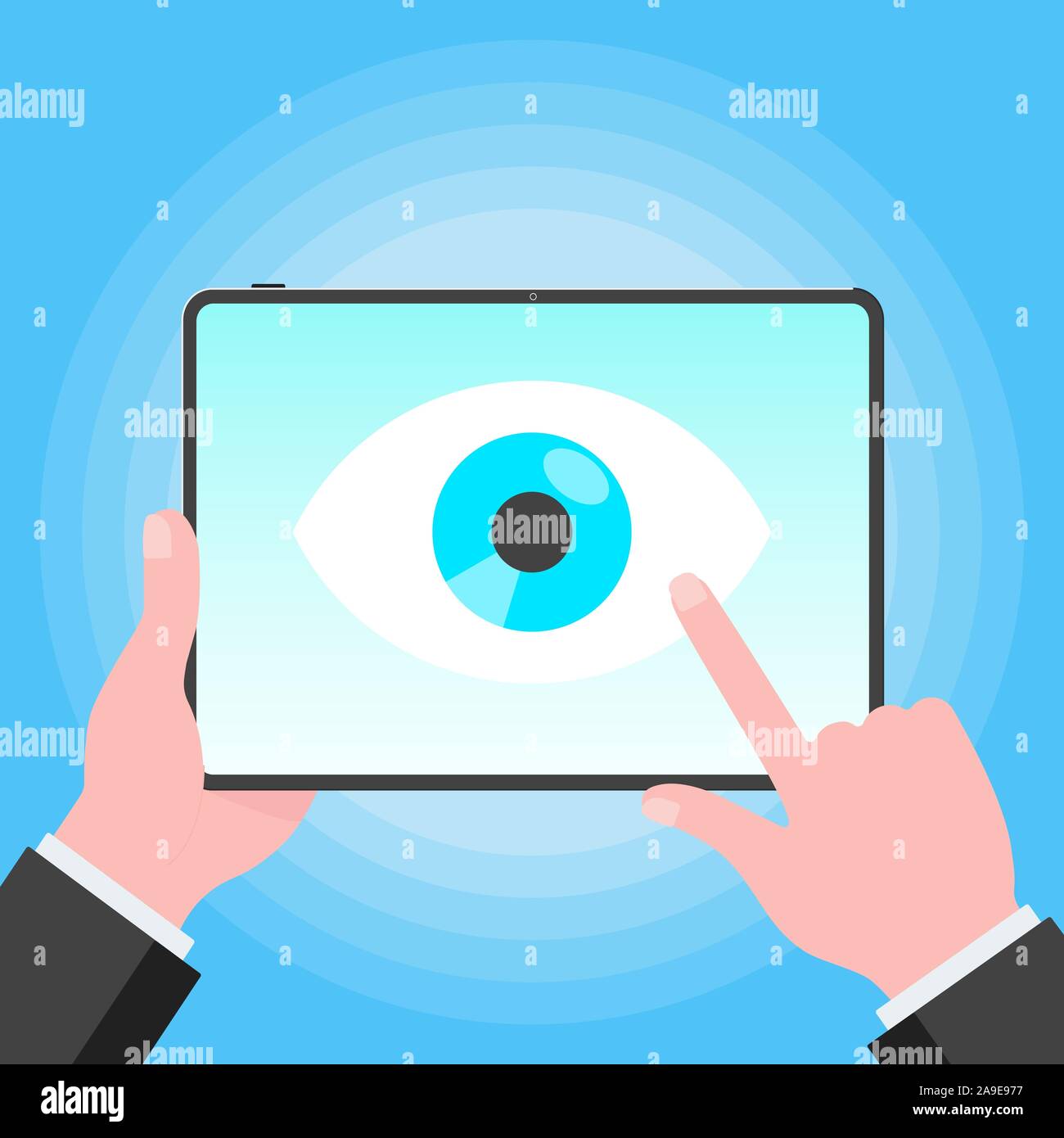 Big brother concept. Hands holding stablet pc spying with big eye on ...