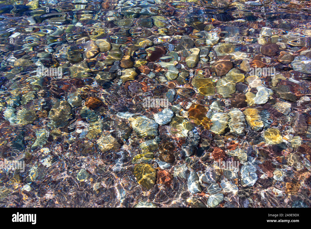 Sun glare on transparent water through which multi-colored stones are ...