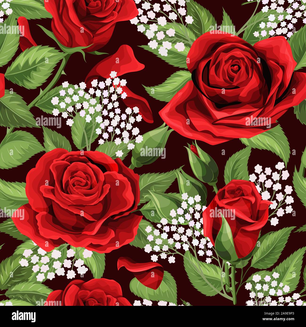 Red roses embroidery seamless pattern. Beautiful buds of red roses on ...