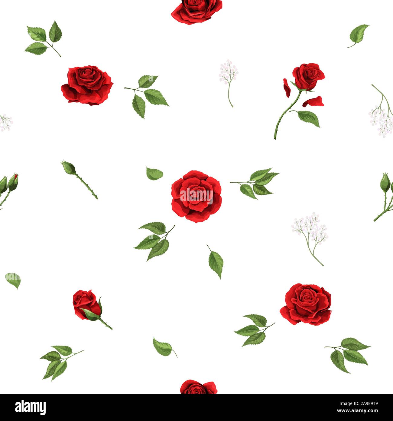 Red rose flowers and green leaves elements vector seamless pattern ...