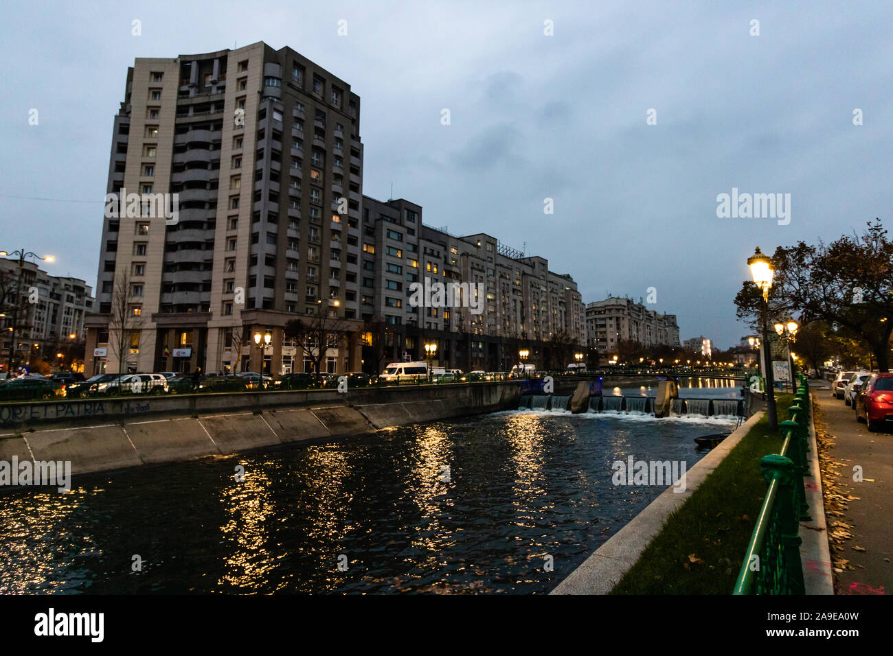Dambovita River at down in downtown Bucharest, Romania, 2019 Stock ...