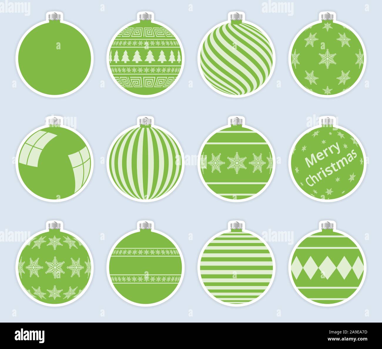 Magic, light green christmas balls stickers isolated on gray background ...