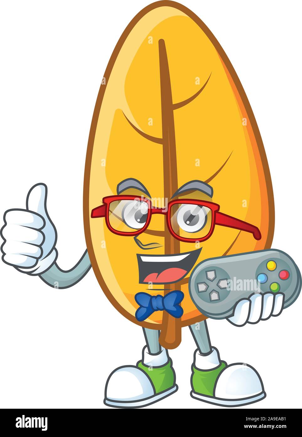 Holding gamer mascot on cartoon yellow autumn leaves Stock Vector Image ...