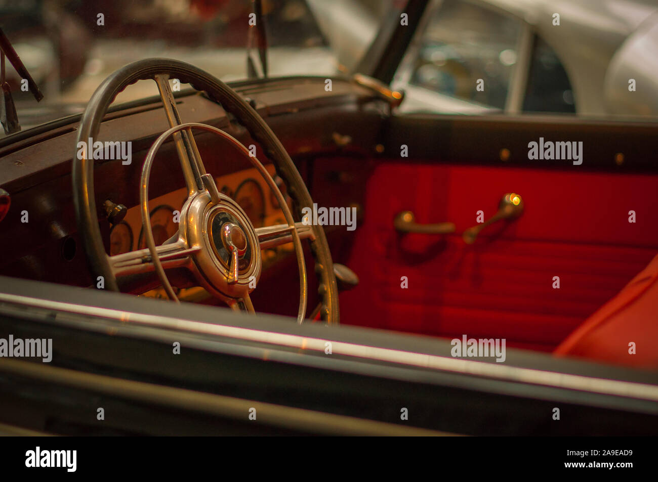 2017-09-17. Prague. Technical Museum. Old retro car steering wheel red ...