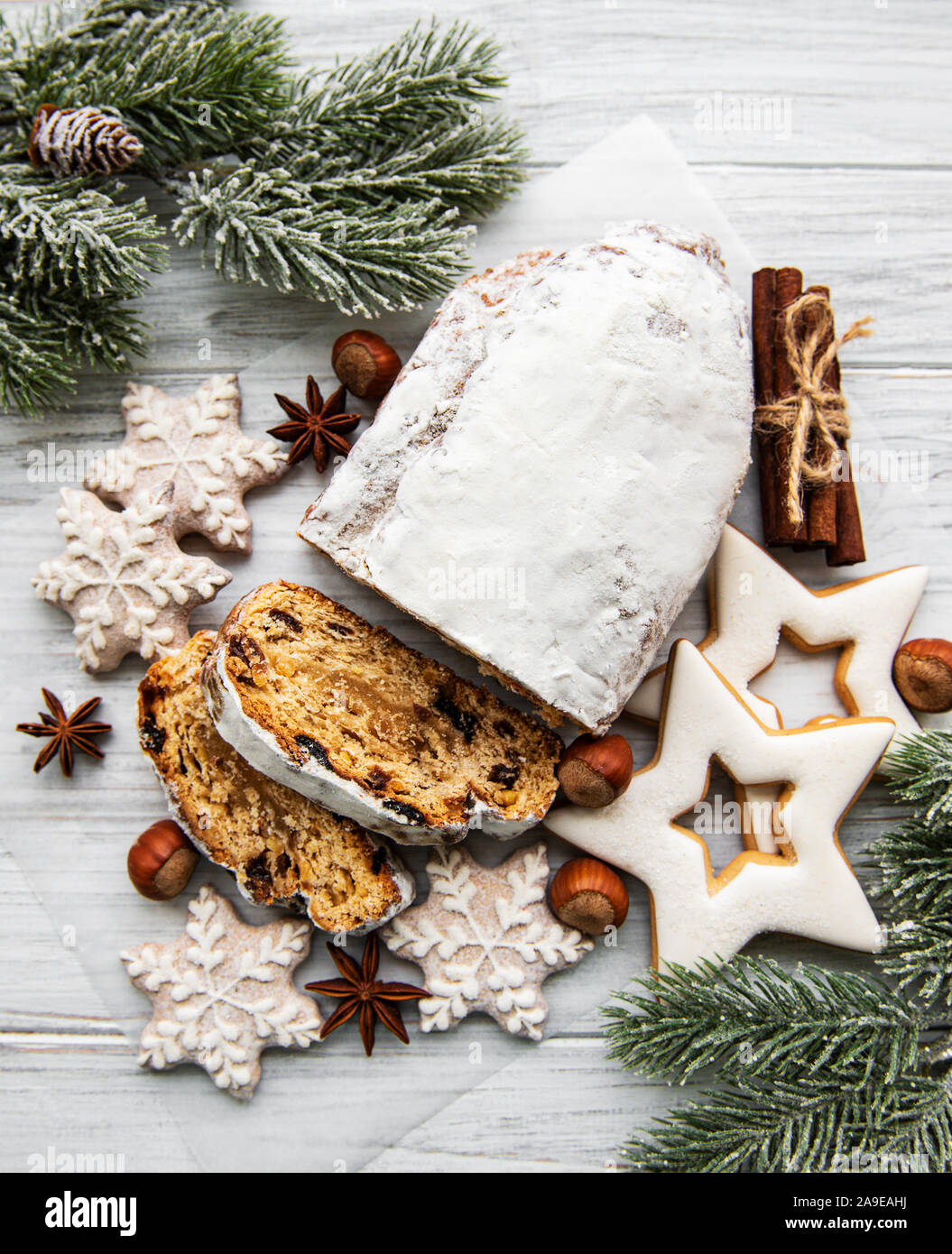 Christmas stollen on wooden background. Traditional Christmas festive ...