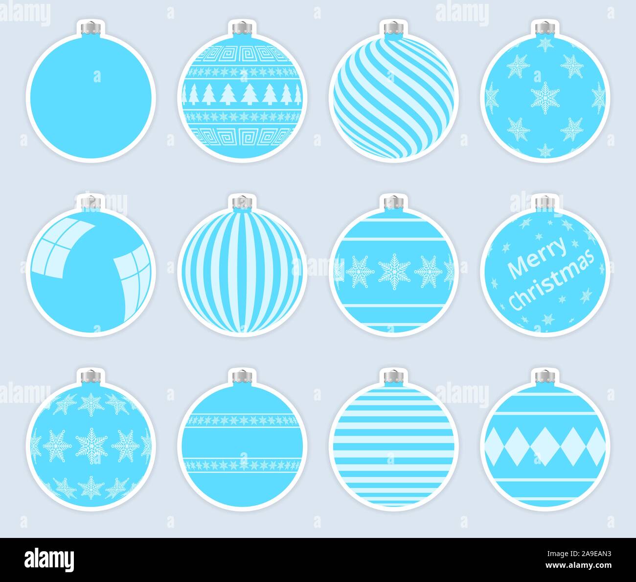 Magic, light blue christmas balls stickers isolated on gray background ...