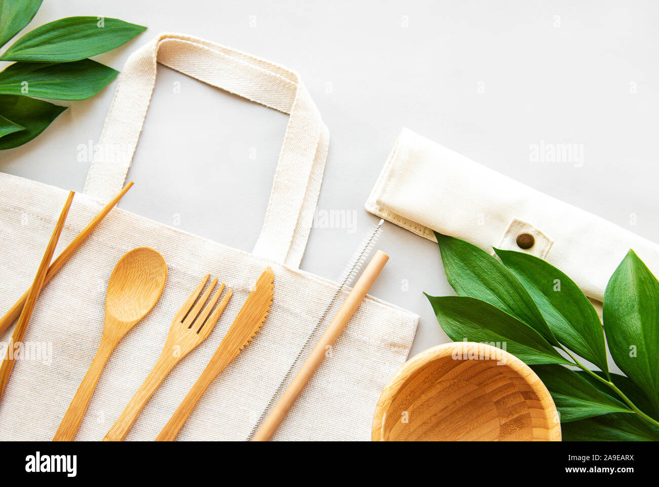 Cotton bag and recycled tableware top view. Zero waste, eco friendly ...