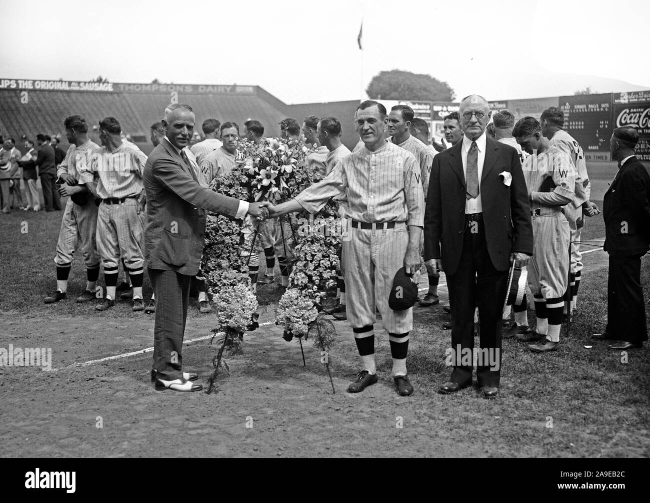 Washington baseball players at ceremony at ballpark, ca. 1930 Stock ...