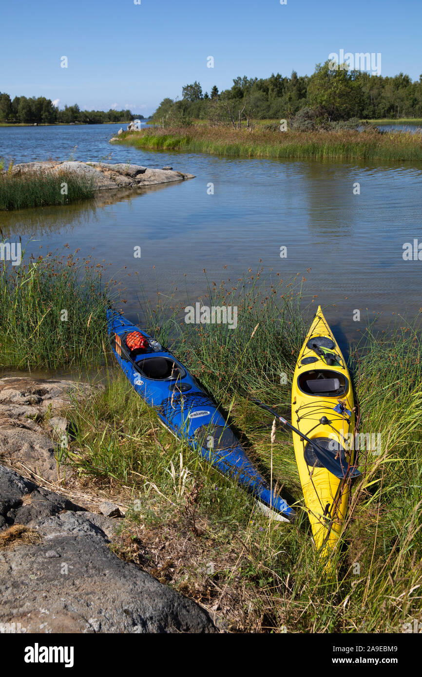 Finland, Kvarken, kayaks on the shore Stock Photo - Alamy
