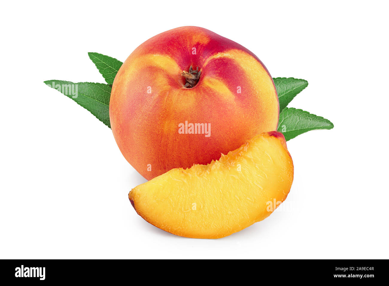 Nectarine fruit and half with leaf isolated on white background cutout ...