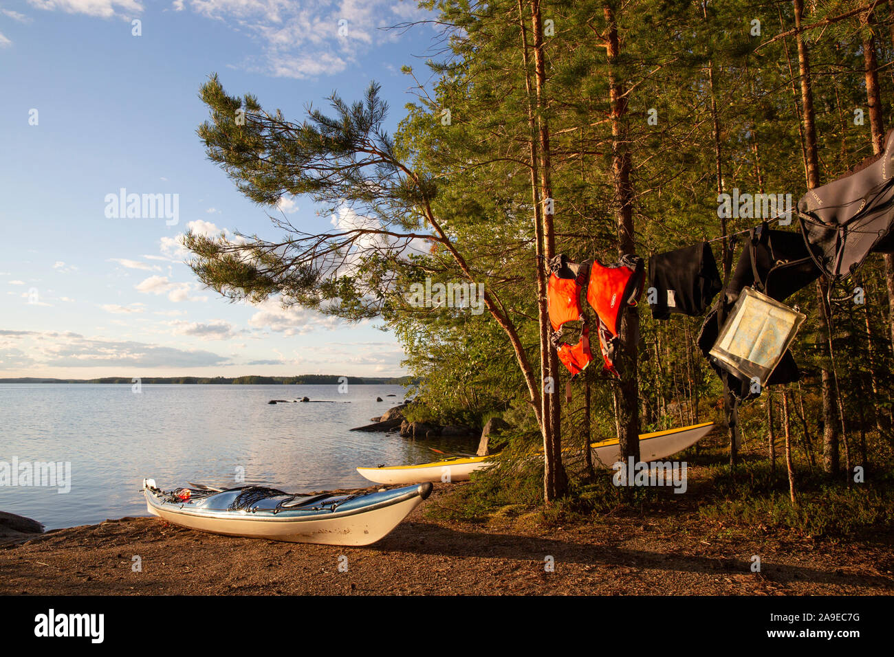 Finland, Scandinavia, Puulajärvi, kayaks in the evening at resting ...