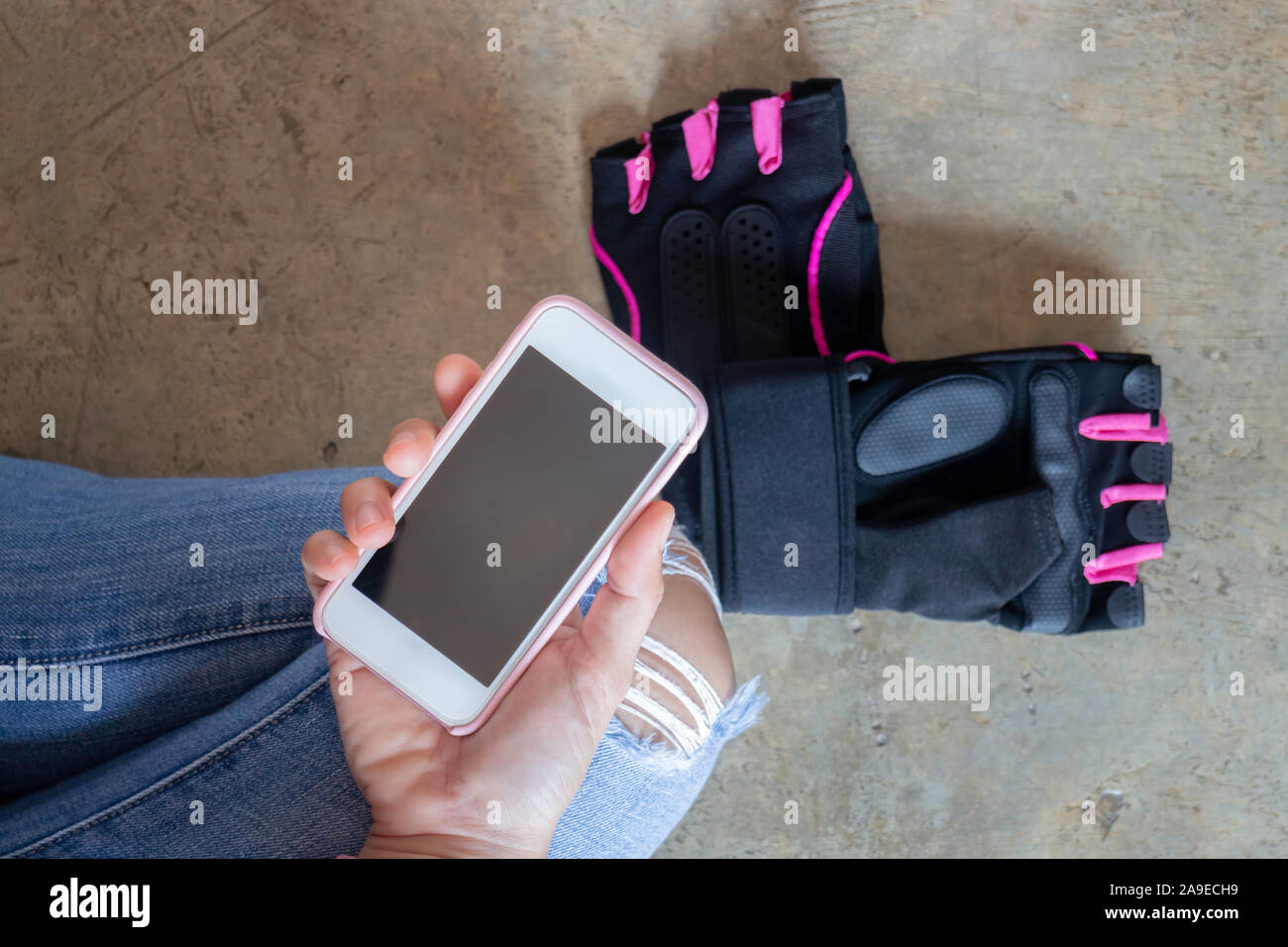 Healthy lifestyle concept female wearing sport tracker wristband arm ...