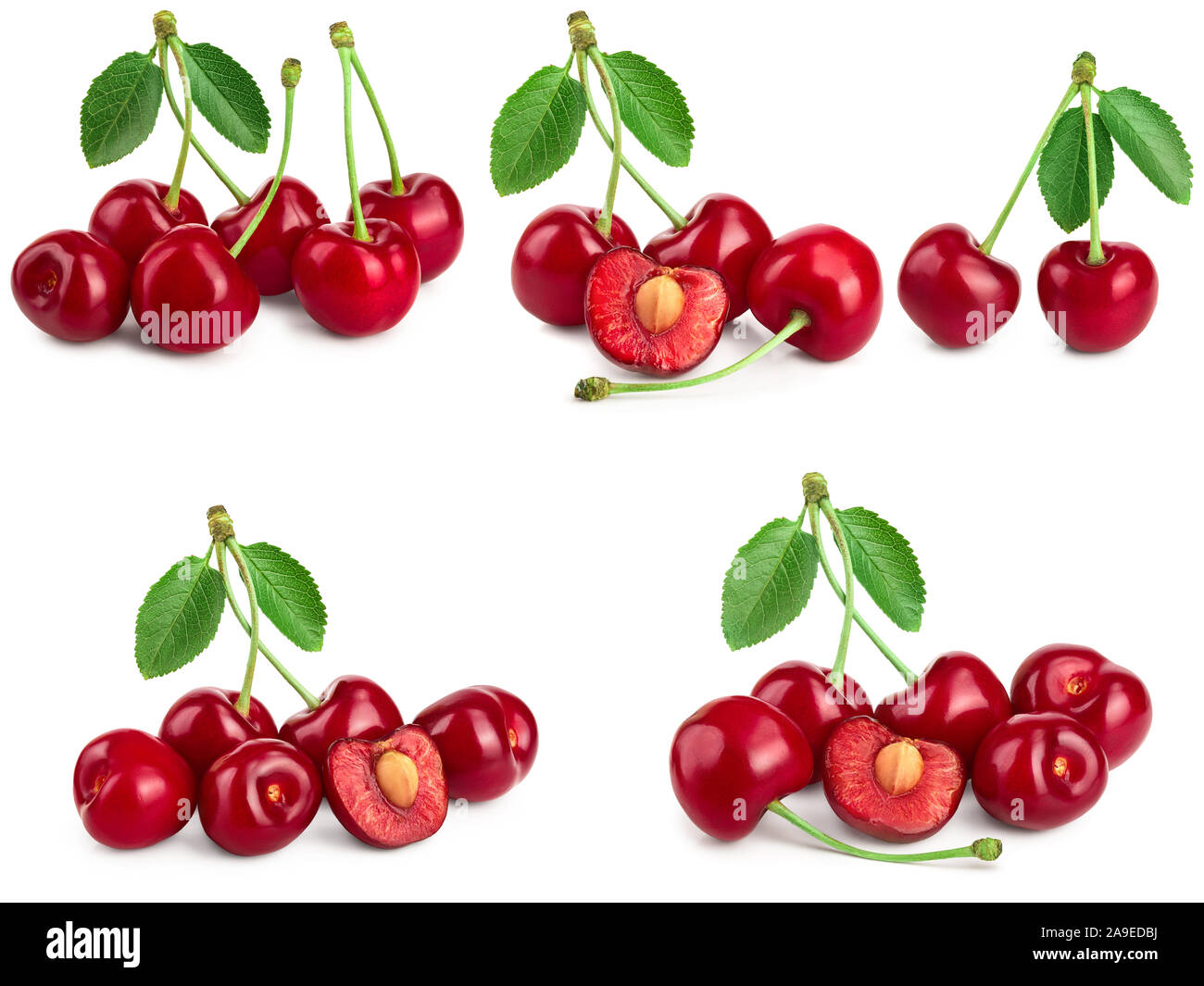 Set of cherries with leaf and cut closeup isolated on white background ...