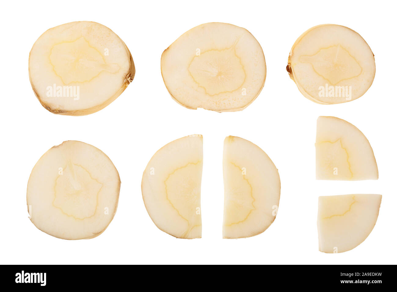 Parsnip root slices isolated on white background closeup. Top view ...