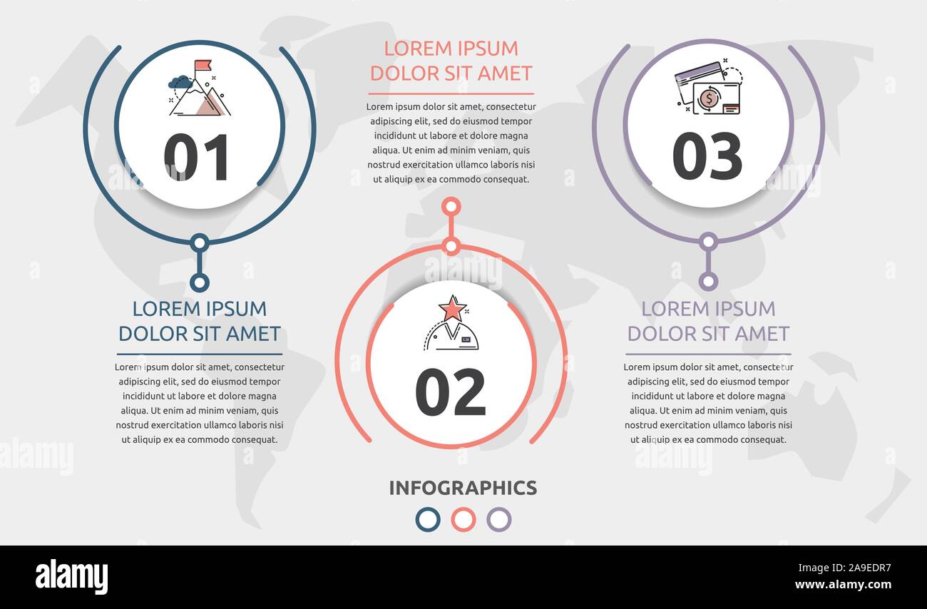 Vector flat infographic template. Line circles with text and icons for three diagrams, graph ...