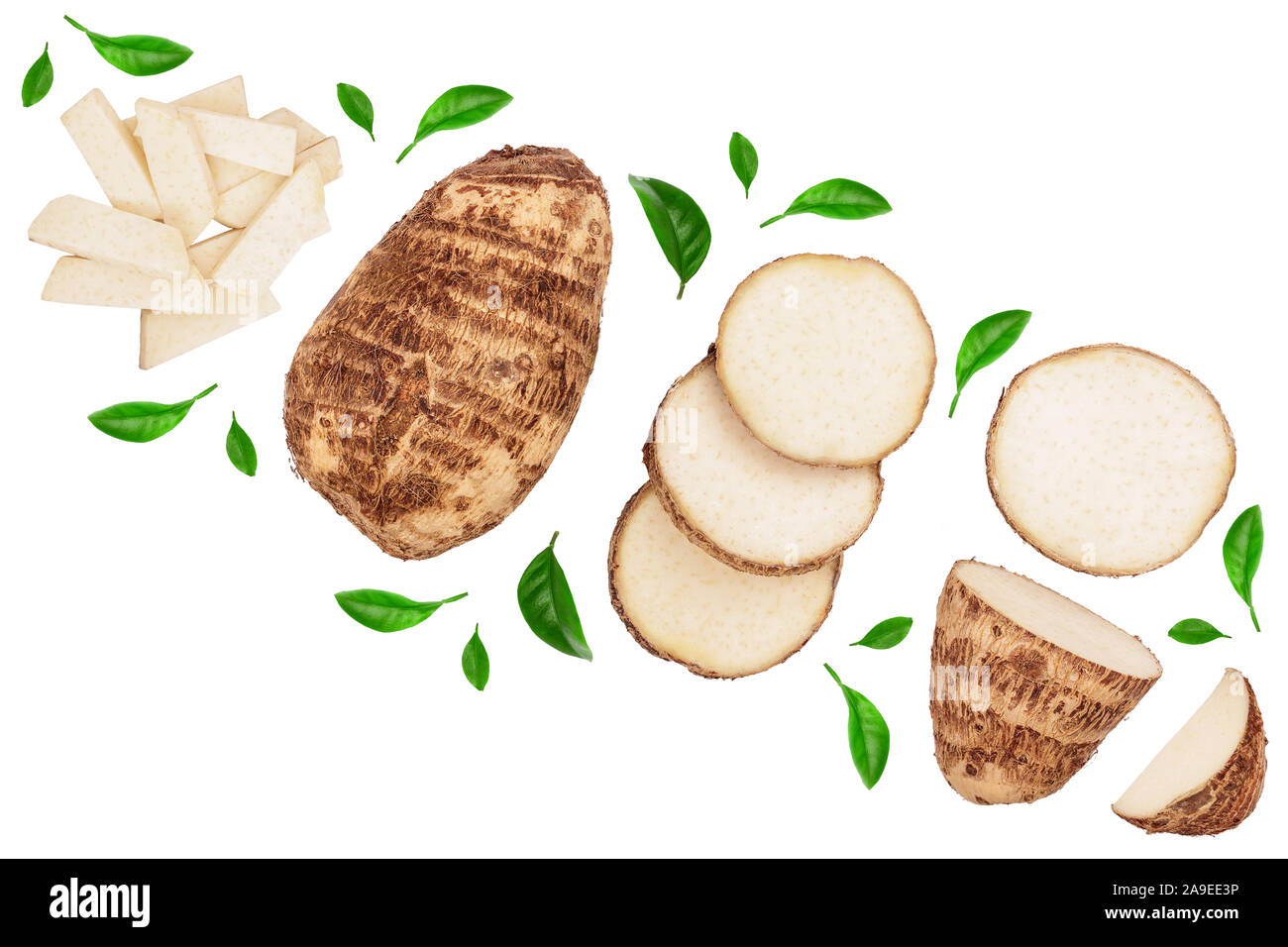 fresh taro root isolated on white background. Top view. Flat lay. Set ...