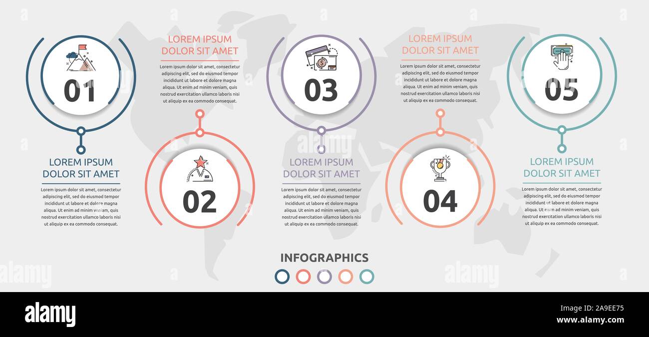Vector flat infographic template. Line circles with text and icons for five diagrams, graph ...