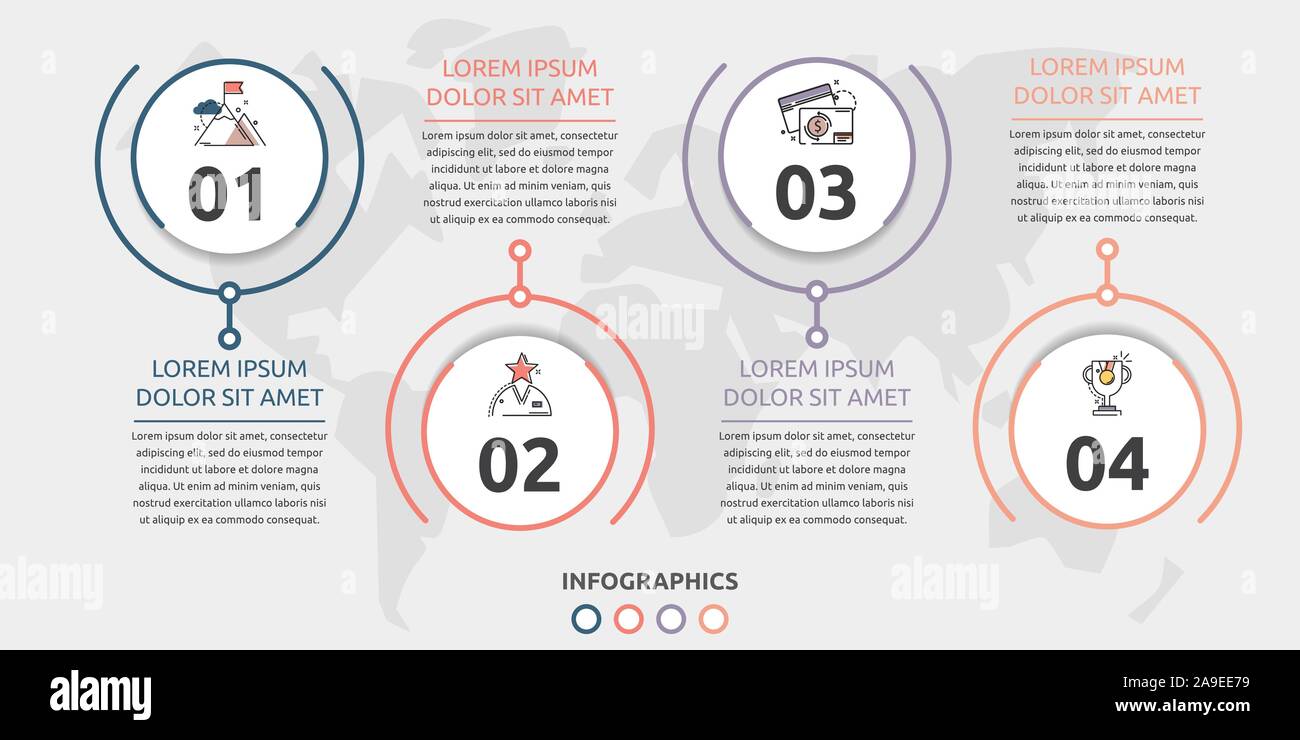 Vector flat infographic template. Line circles with text and icons for four diagrams, graph ...