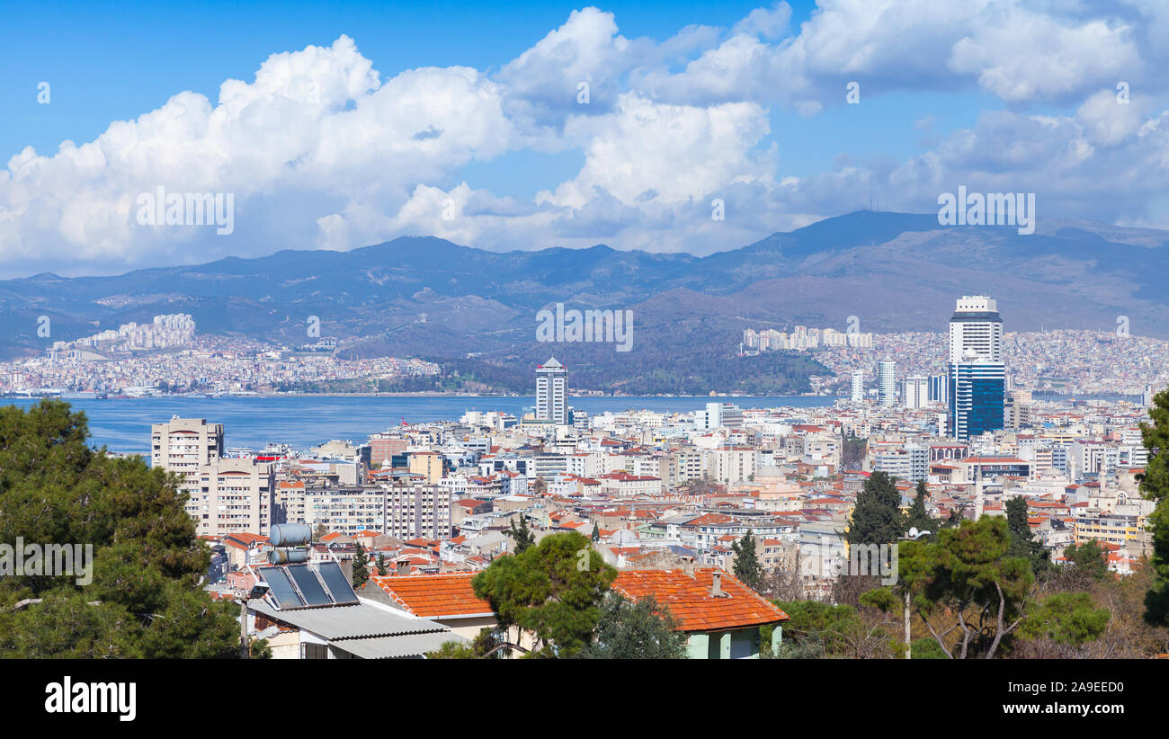 Izmir cityscape, modern and old houses are on the coasts of Izmir bay ...