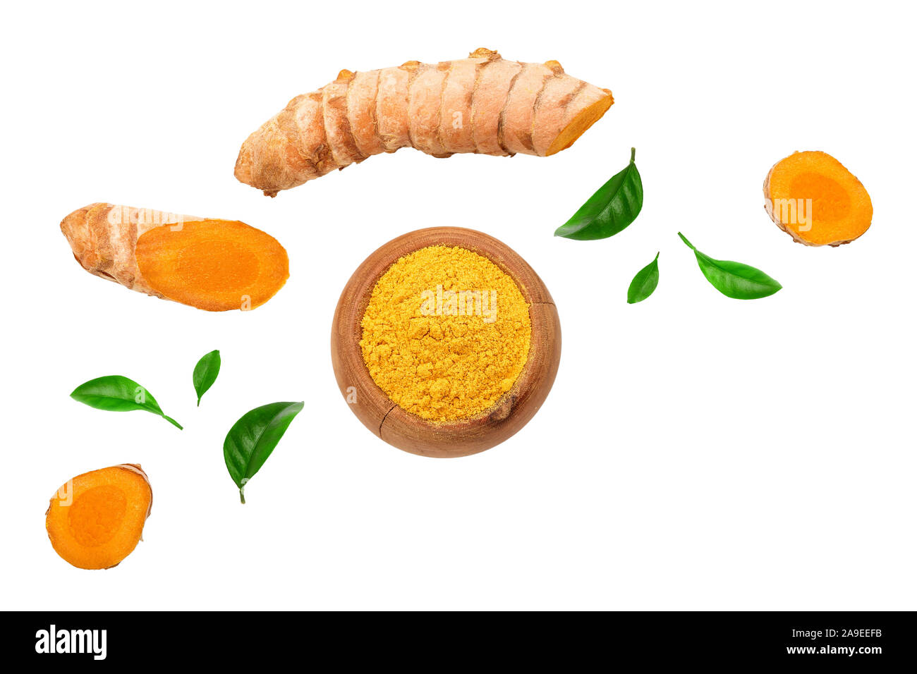 Turmeric powder and turmeric root isolated on white background with ...