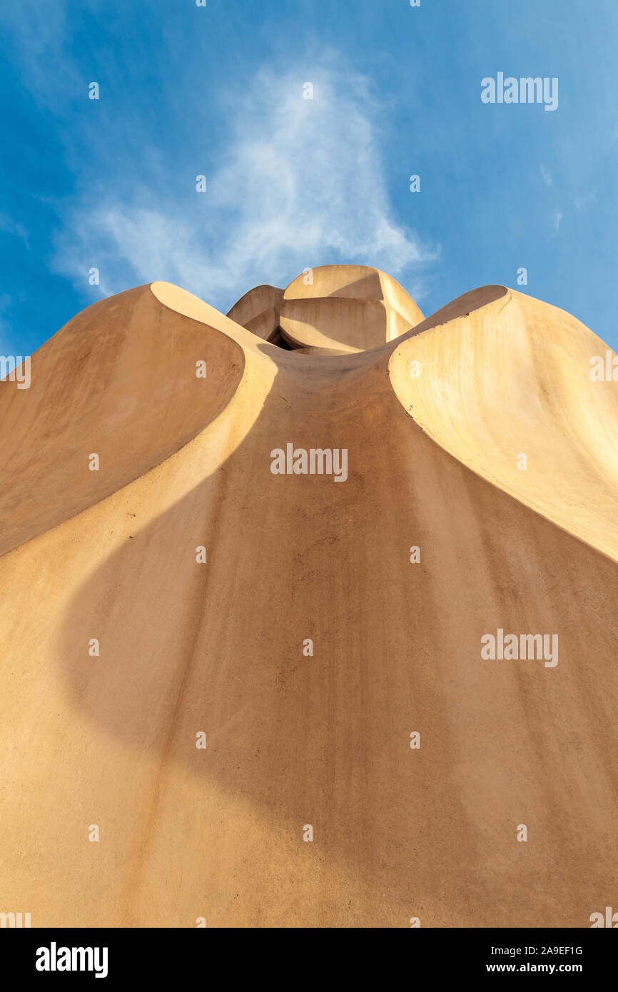 Down view point from a chimney designed by gaudi in spain with lines ...