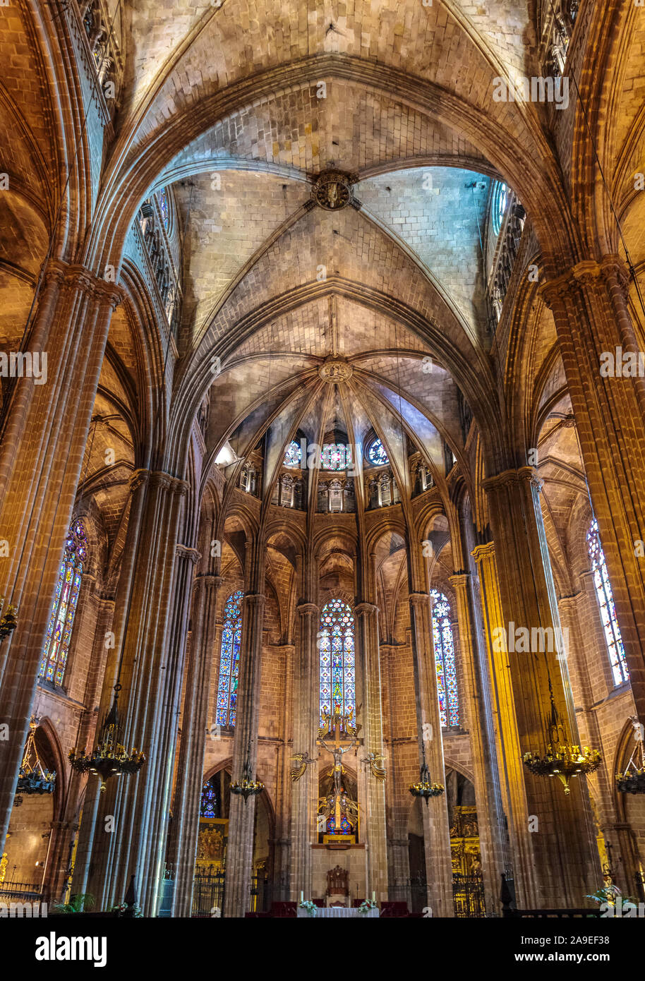Interior of an medieval catholic church with its pilars and ceilling in ...