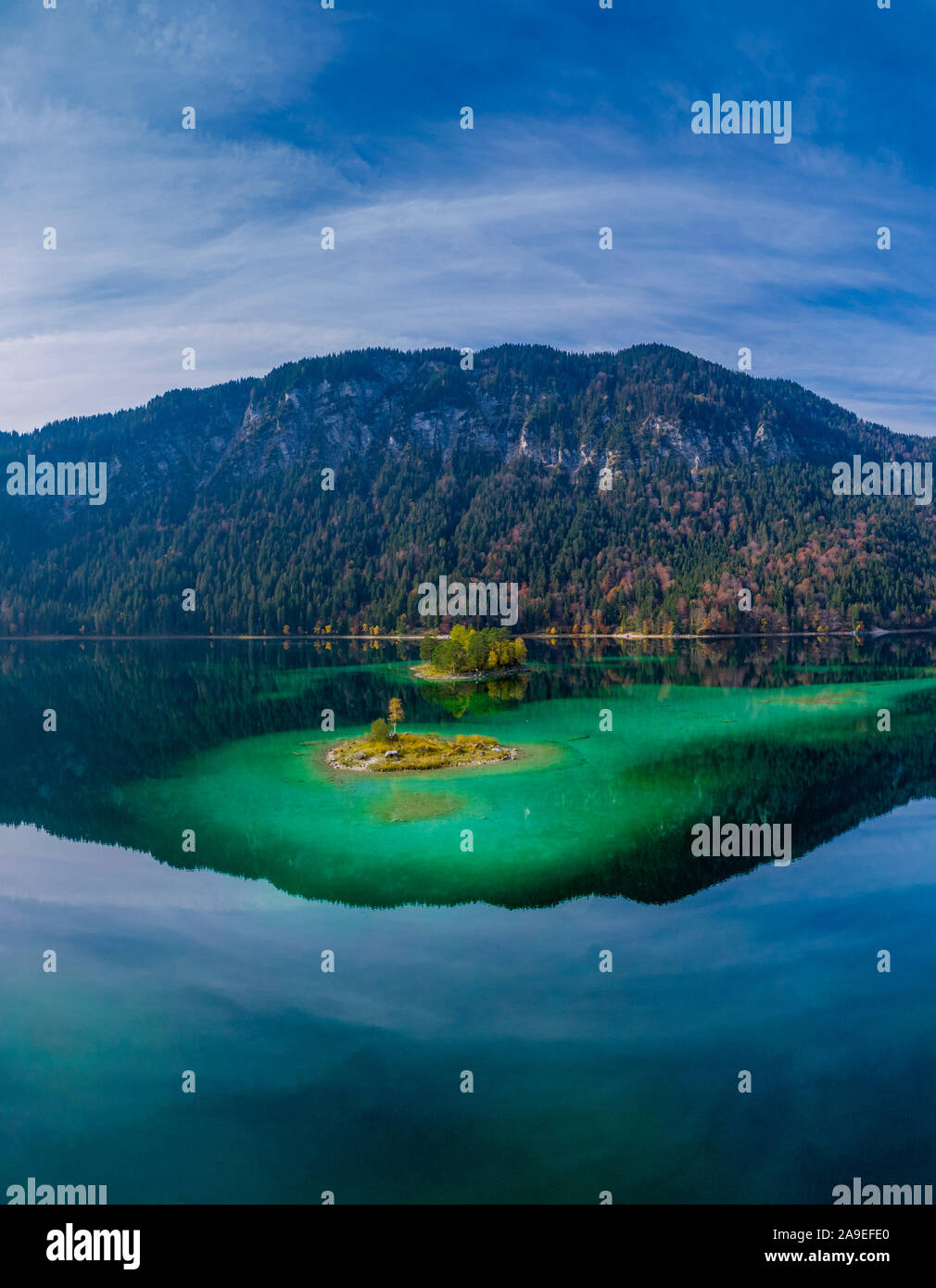 Aerial shot, Lake Eibsee with islands in autumn, near Grainau, Upper ...