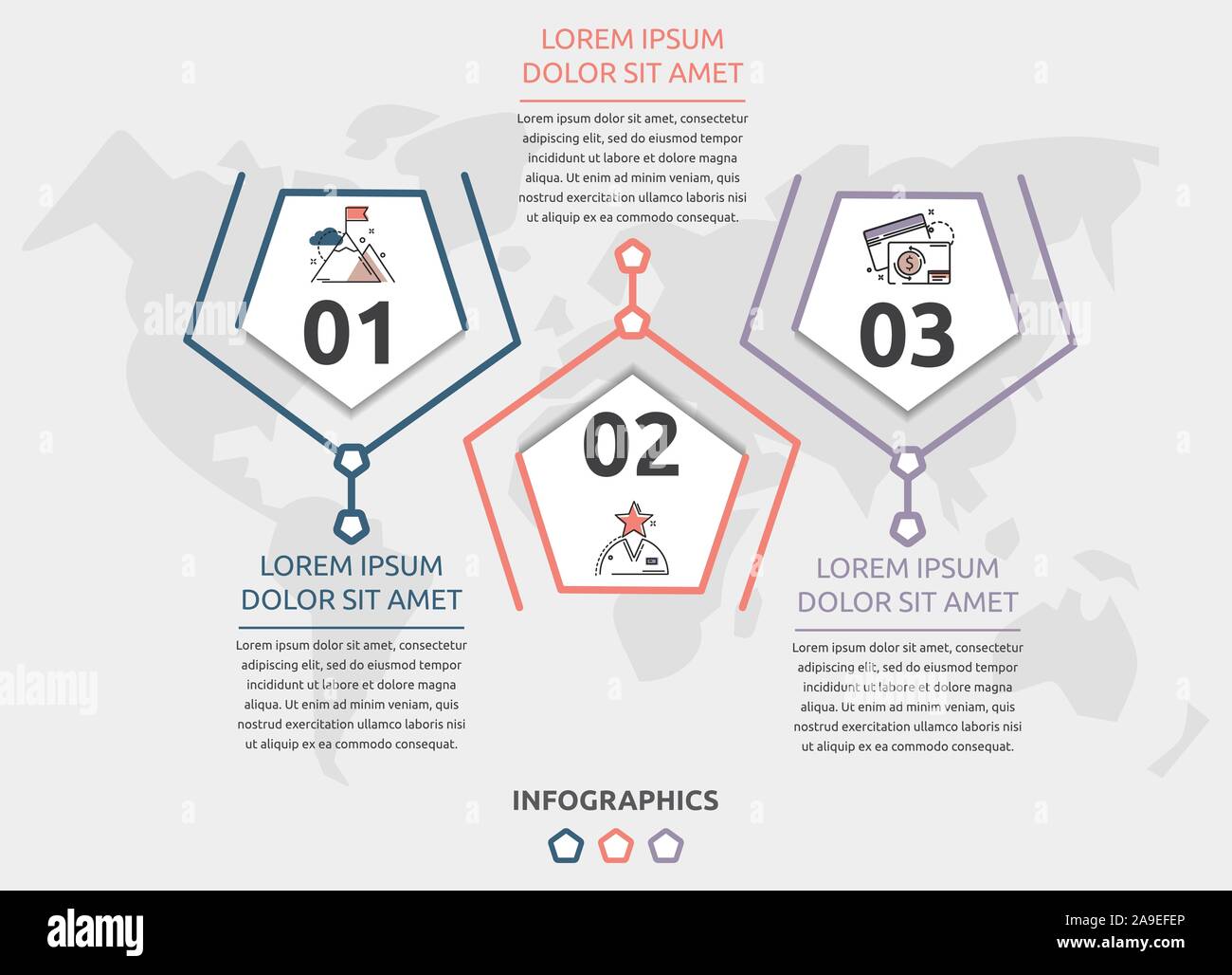 Vector flat infographic template. Line pentagon with text and icons for three diagrams, graph ...