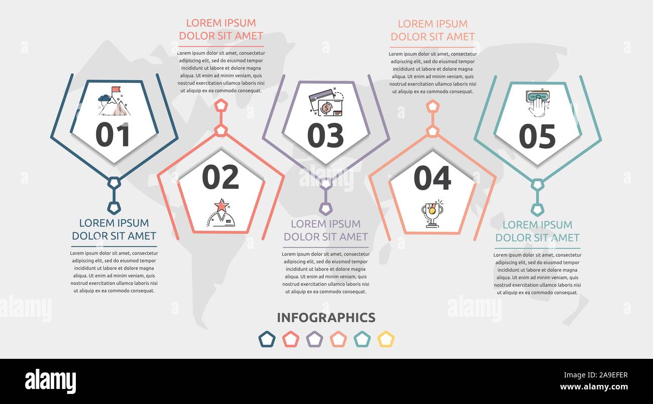 Vector flat infographic template. Line pentagon with text and icons for five diagrams, graph ...