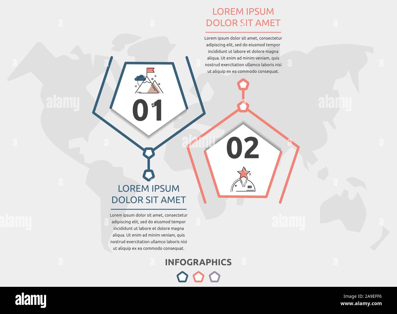 Vector flat infographic template. Line pentagon with text and icons for two diagrams, graph ...