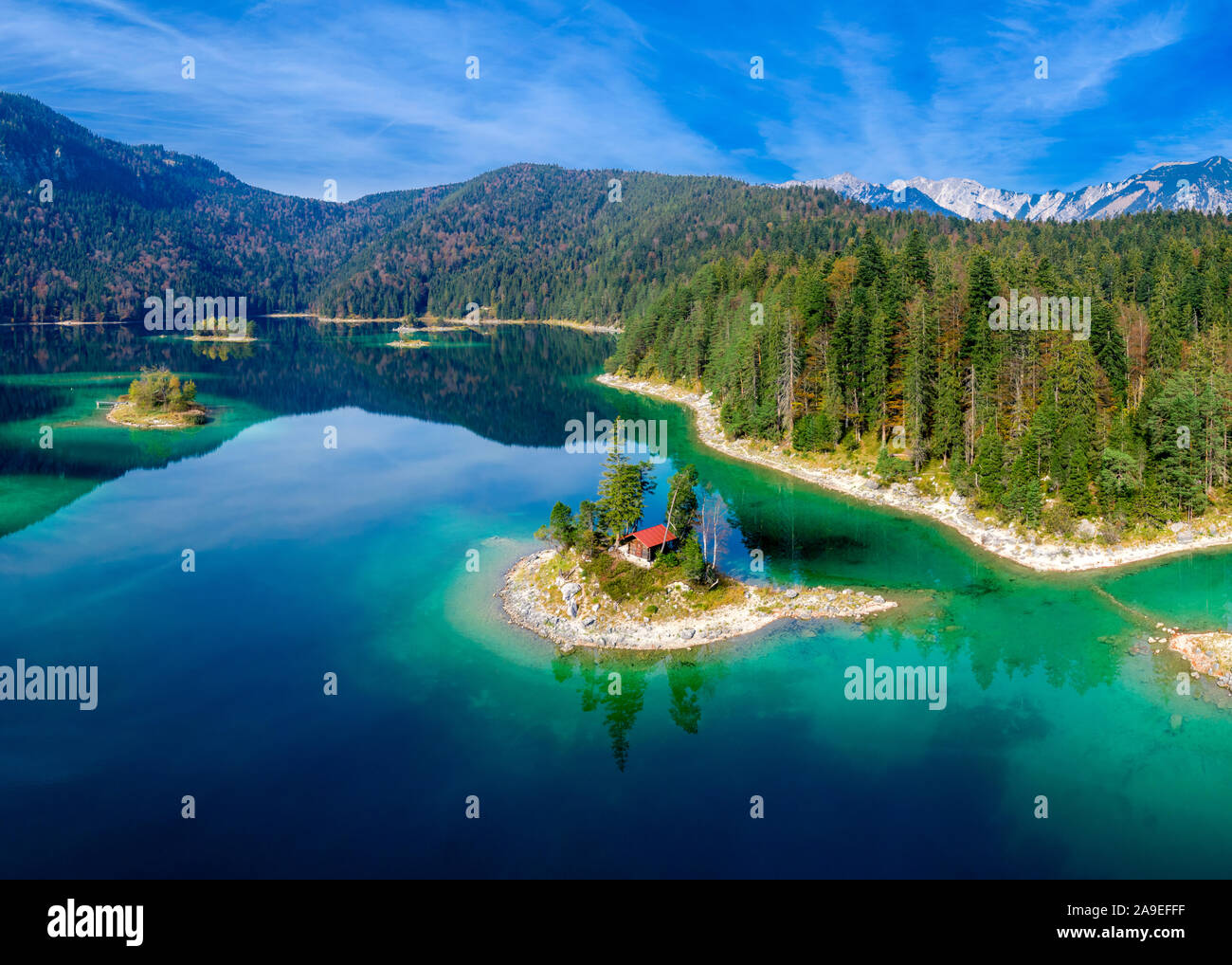 Aerial shot, Lake Eibsee with islands in autumn, near Grainau, Upper ...