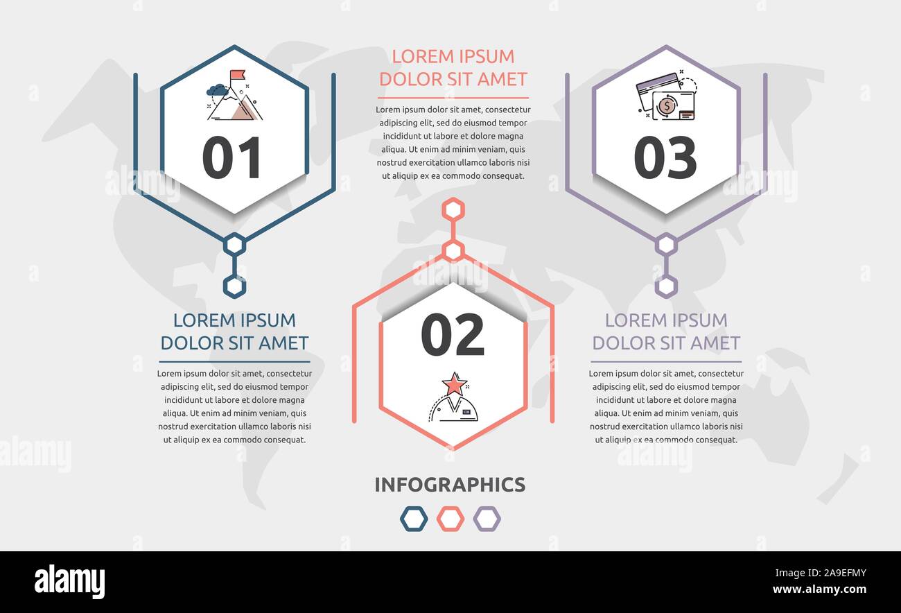 Vector flat infographic template. Line hexagon with text and icons for three diagrams, graph ...
