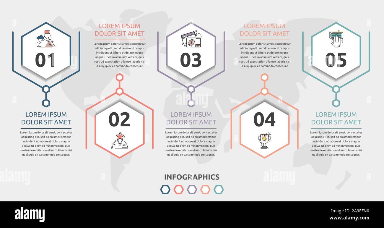Vector flat infographic template. Line hexagon with text and icons for five diagrams, graph ...