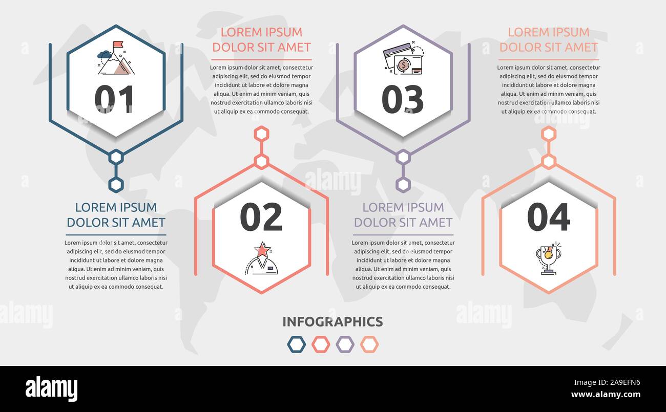 Vector flat infographic template. Line hexagon with text and icons for four diagrams, graph ...
