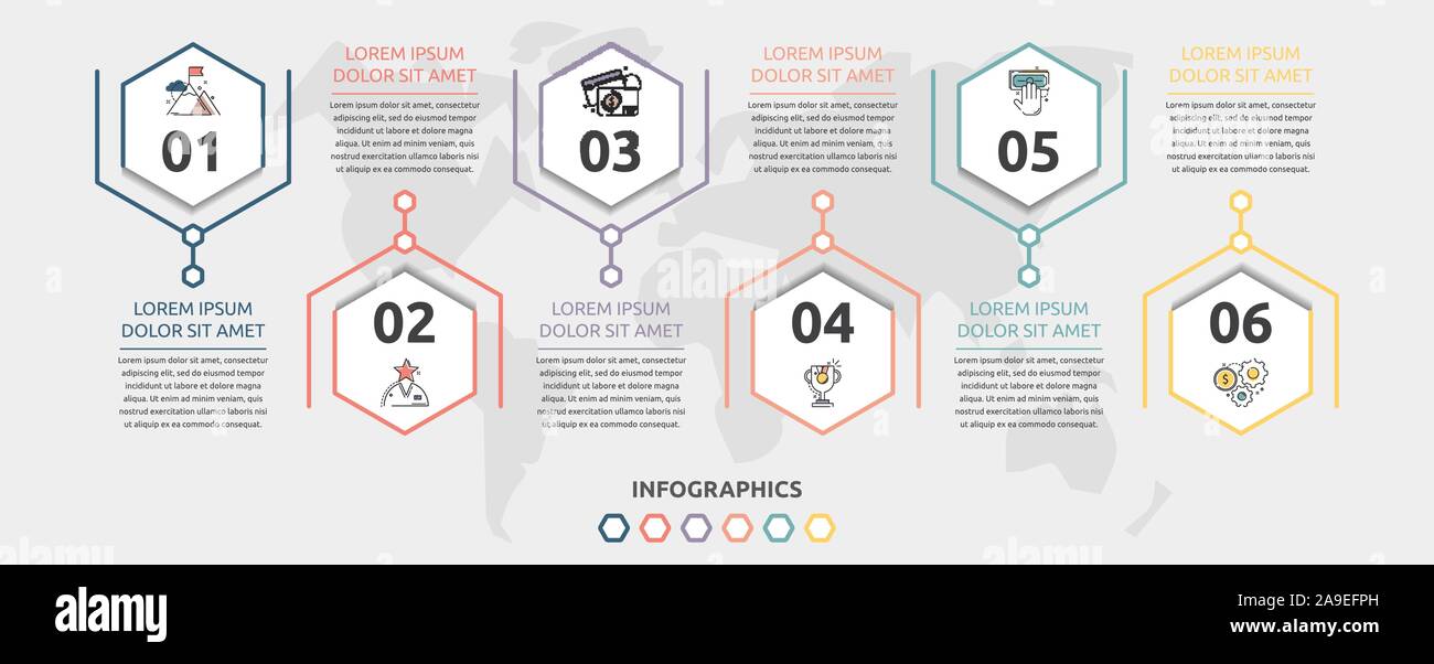 Vector flat infographic template. Line hexagon with text and icons for six diagrams, graph ...