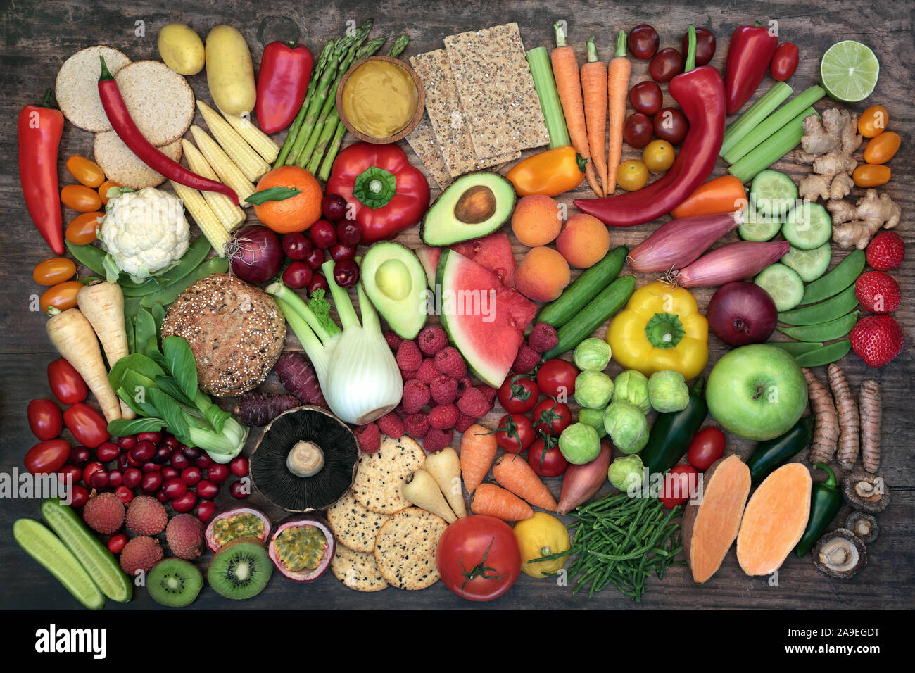Large vegan health food collection with fruit, vegetables, nuts ...