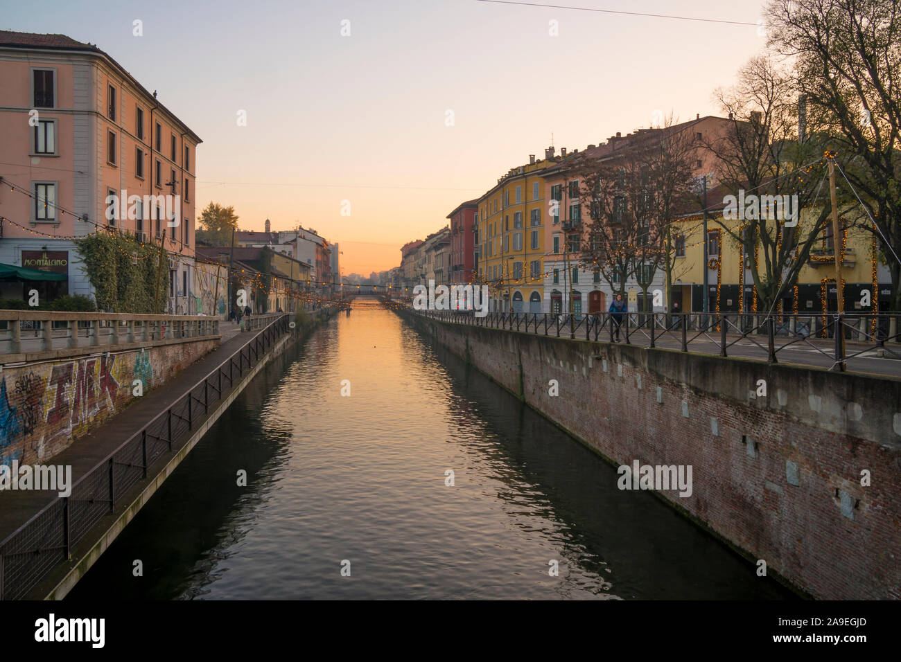 Milan, Italy: Naviglio Grande canal waterway at dawn. This district is ...