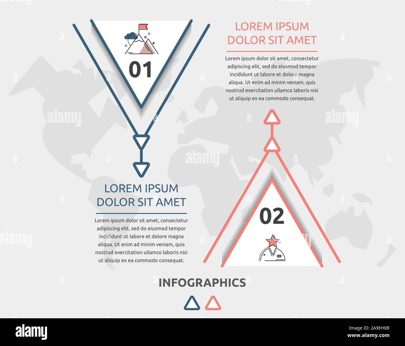 Vector flat infographic template. Line triangle with text and icons for two diagrams, graph ...