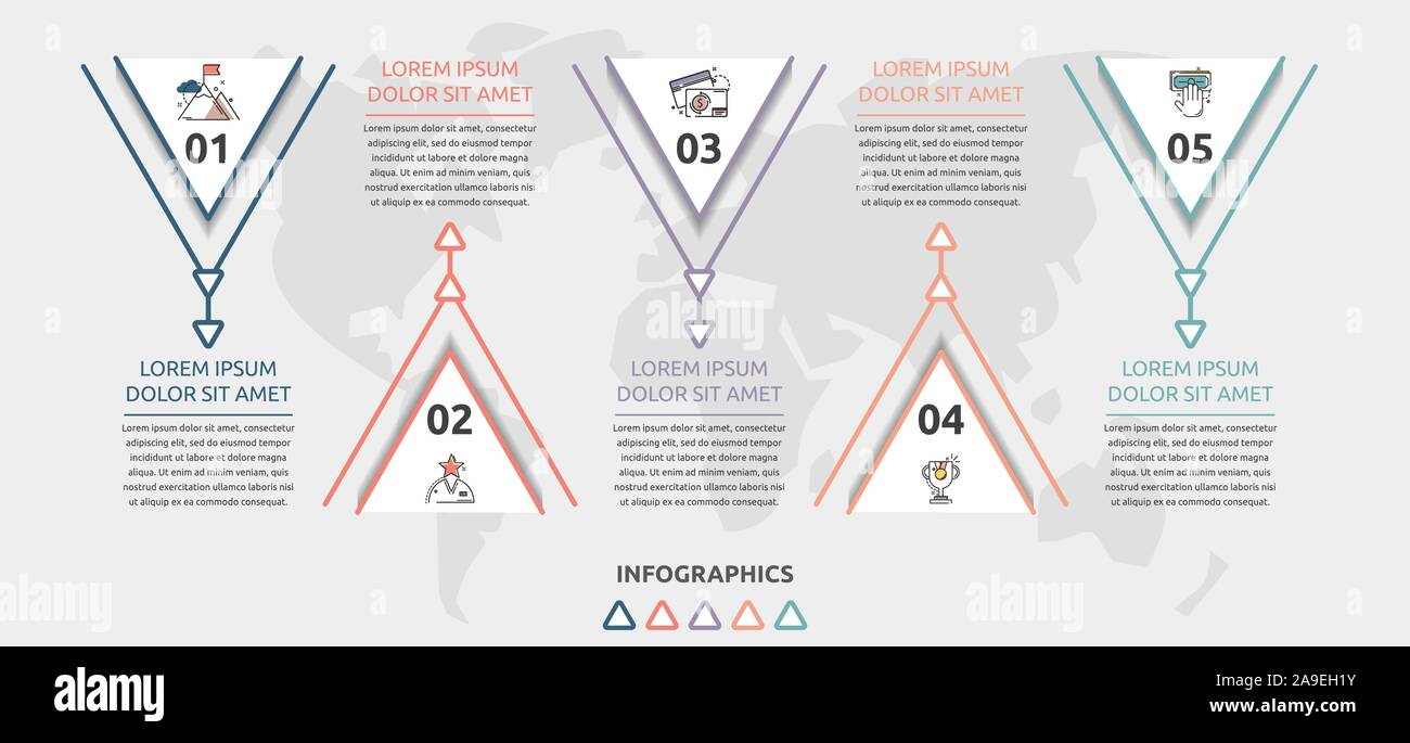 Vector flat infographic template. Line triangle with text and icons for five diagrams, graph ...