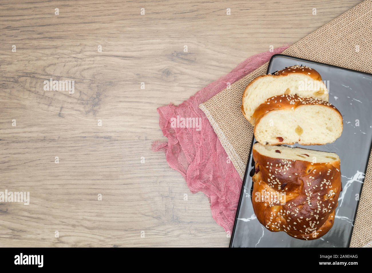 Flat lay, breakfast brunch on table. Loaf and two slices of bread Stock ...