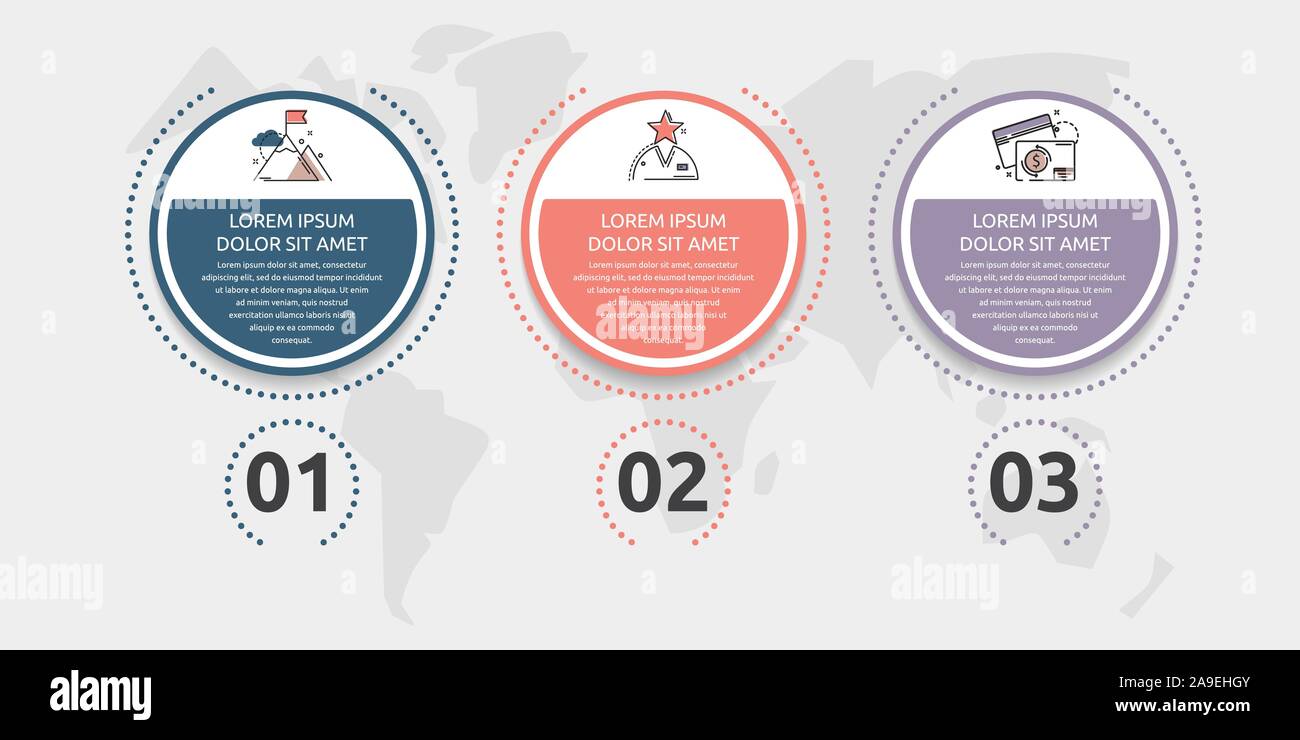 Vector flat infographic template. Line circles with text and icons for three diagrams, graph ...