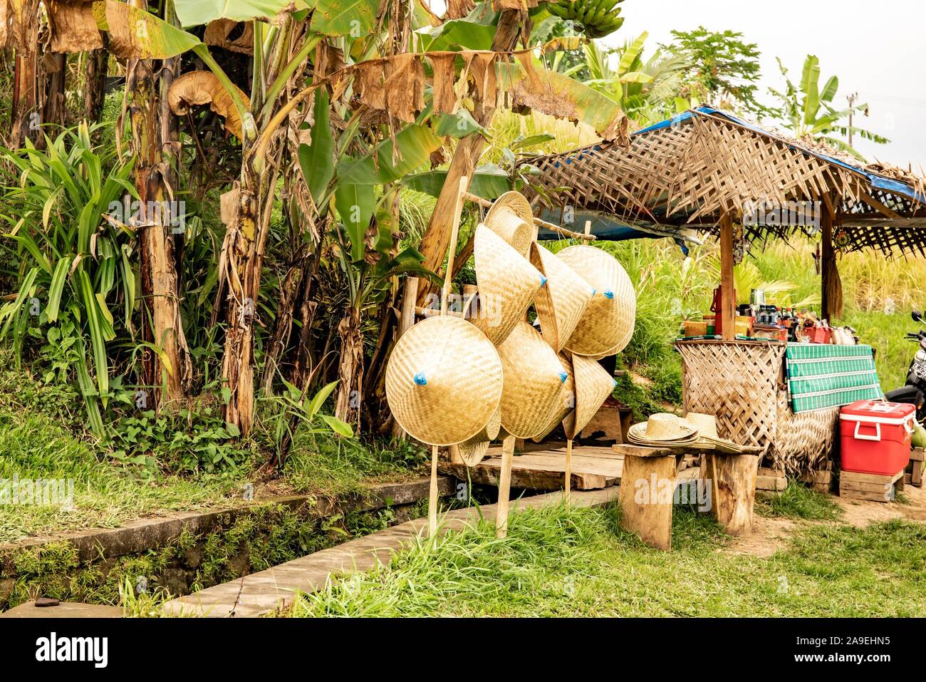 local market stall selling hats and drinks at the rice fields in Bali ...