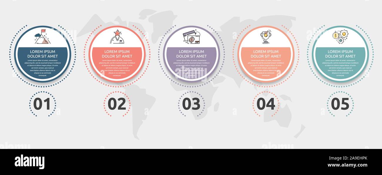 Vector flat infographic template. Line circles with text and icons for five diagrams, graph ...