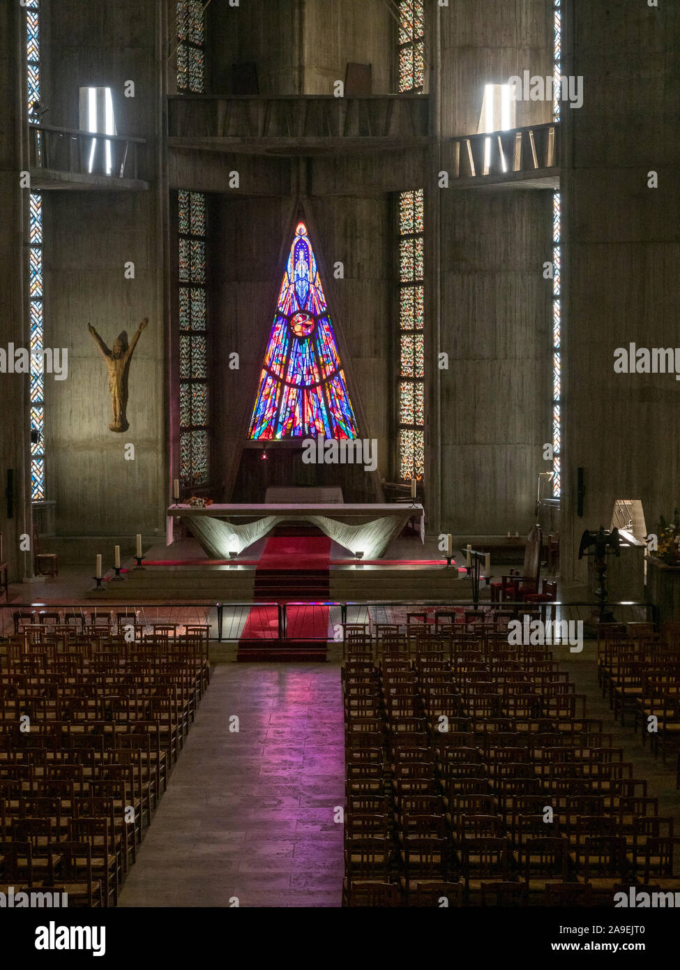 Church Notre-Dame de Royan. The altar and the large stained-glass ...
