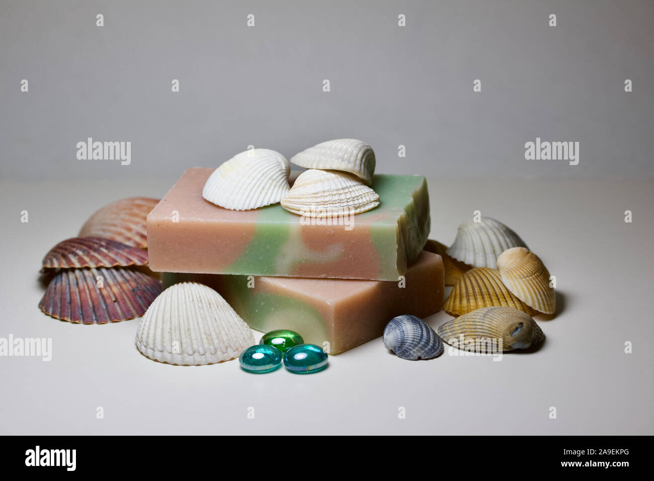 Abstract close up view of handmade beauty soap surrounded by natural ...