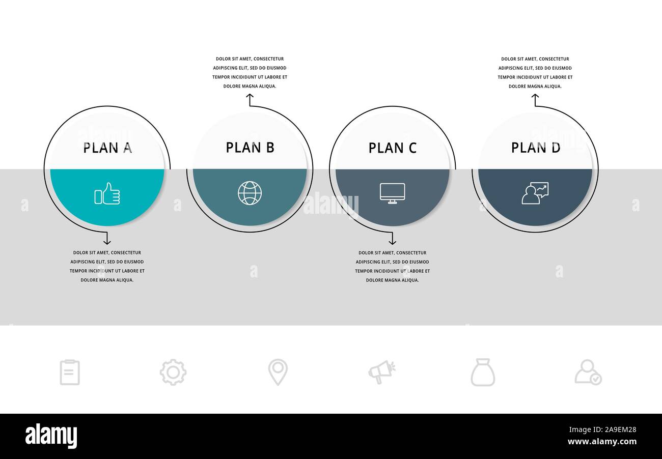Vector flat infographic template. Line circles with text and icons for four diagrams, graph ...