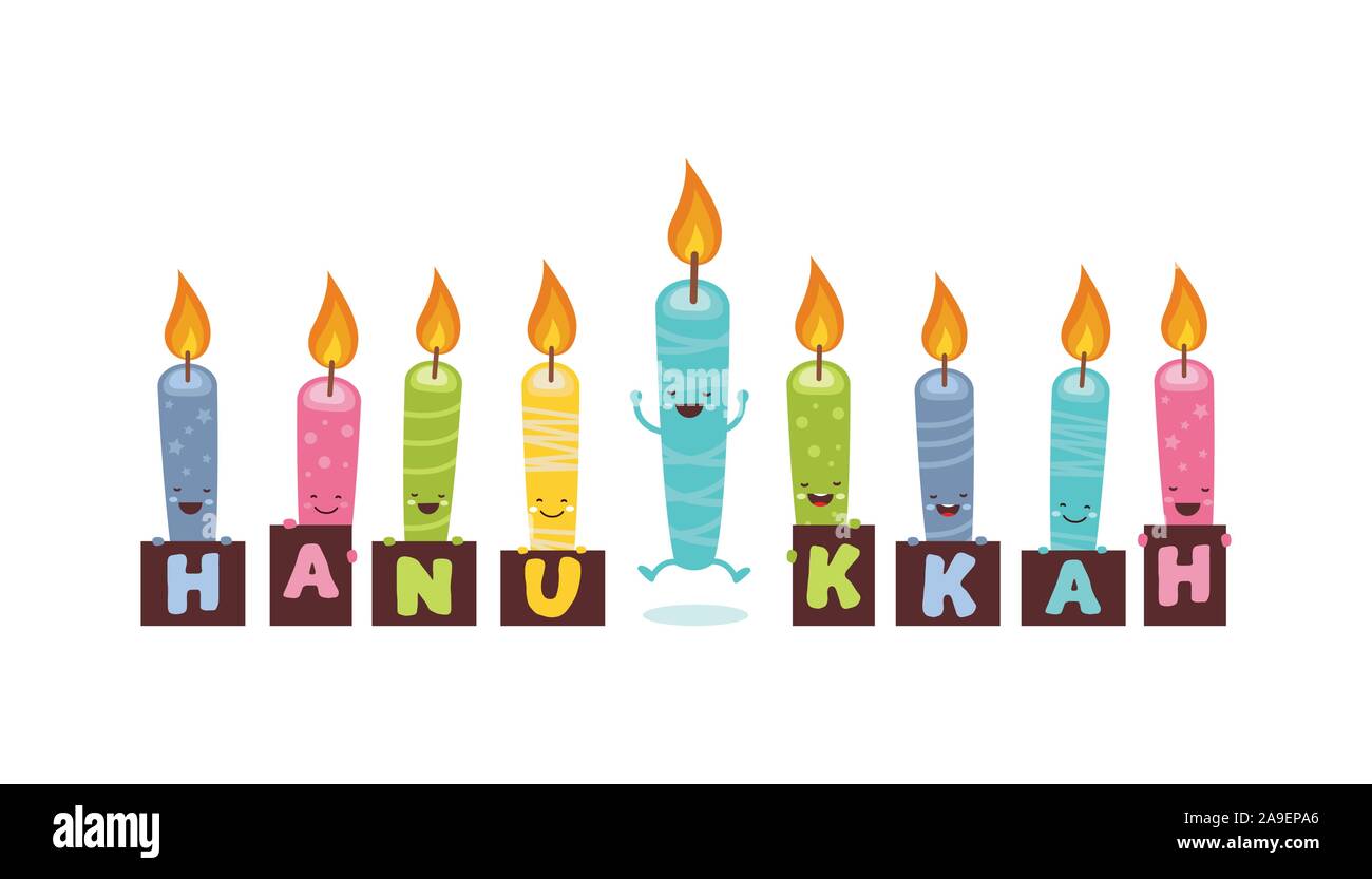 Greeting card for jewish holiday of Hanukkah. Funny candle characters ...