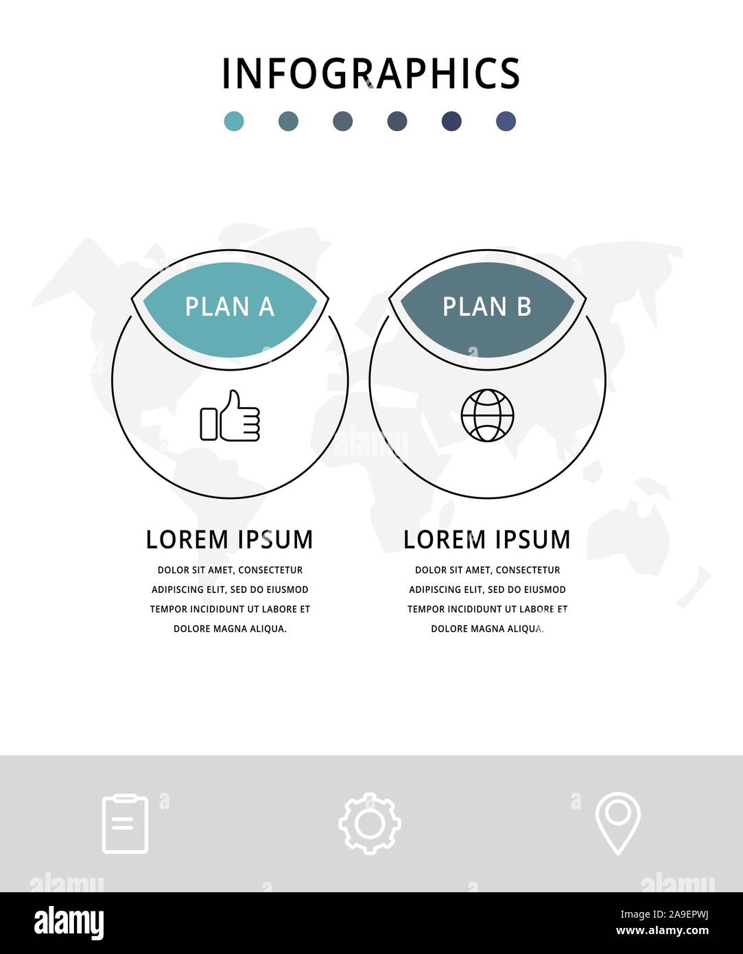 Vector flat infographic template. Line circles with text and icons for two diagrams, graph ...
