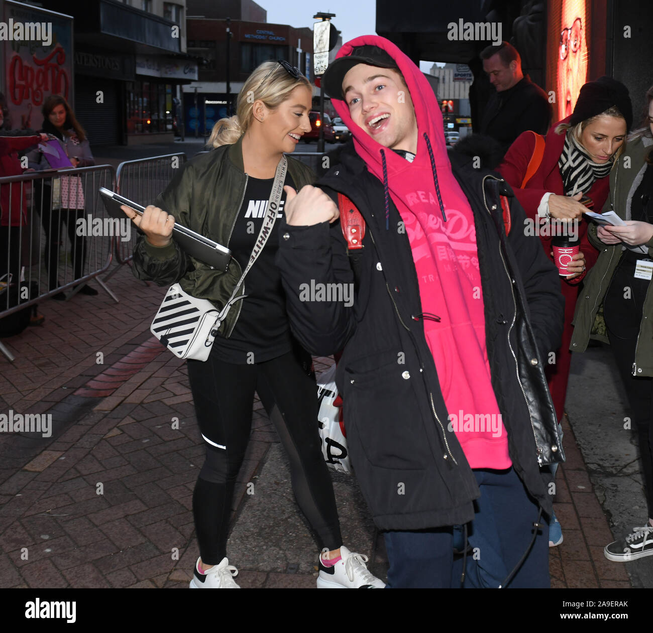 Saffron Barker (left) and AJ Pritchard arrive at Blackpool Tower ...