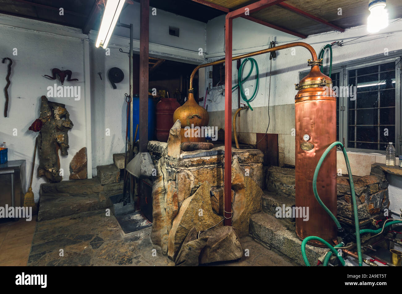 Traditional distillation of raki - tsipouro in Crete - kazani Stock ...